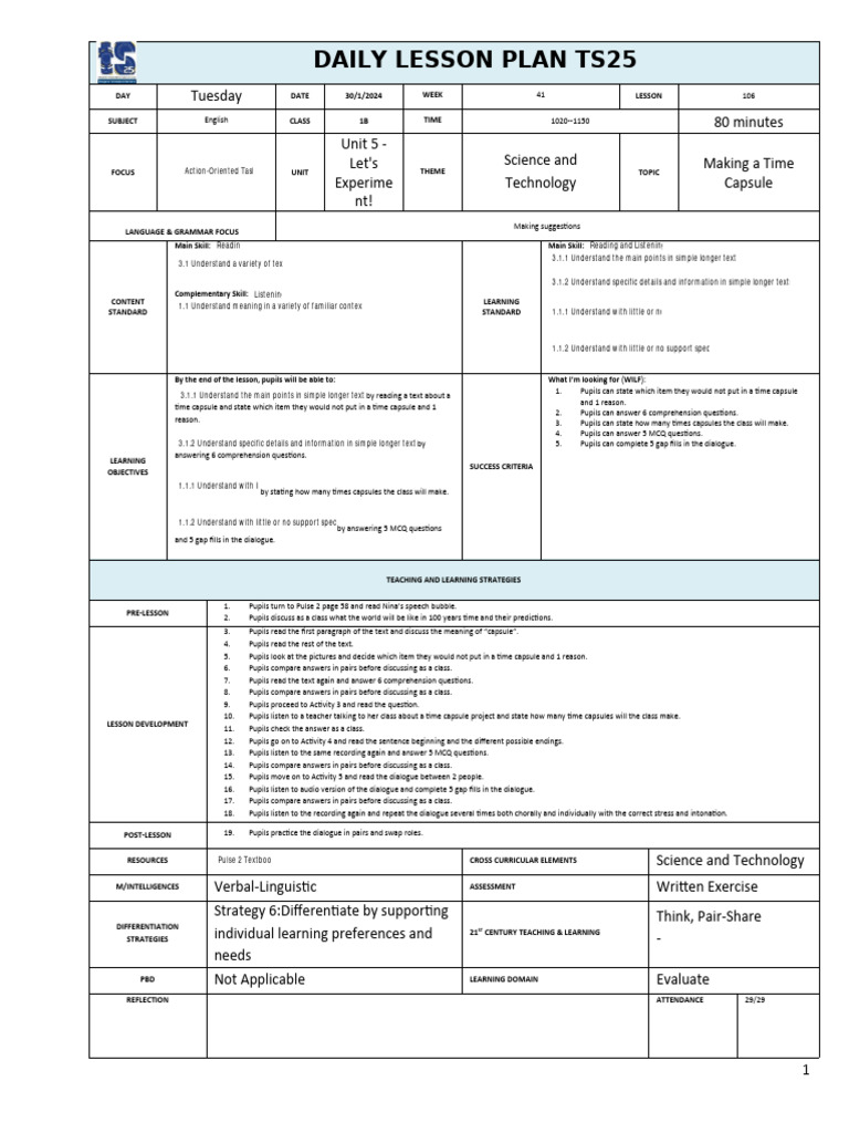 Form 1 Lesson 106 Action Oriented Task | PDF | Reading Comprehension ...