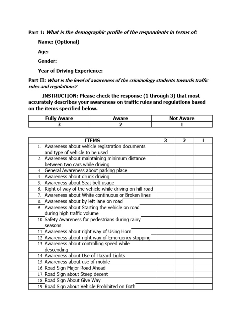 Revised Questionnaire | PDF | Traffic | Road