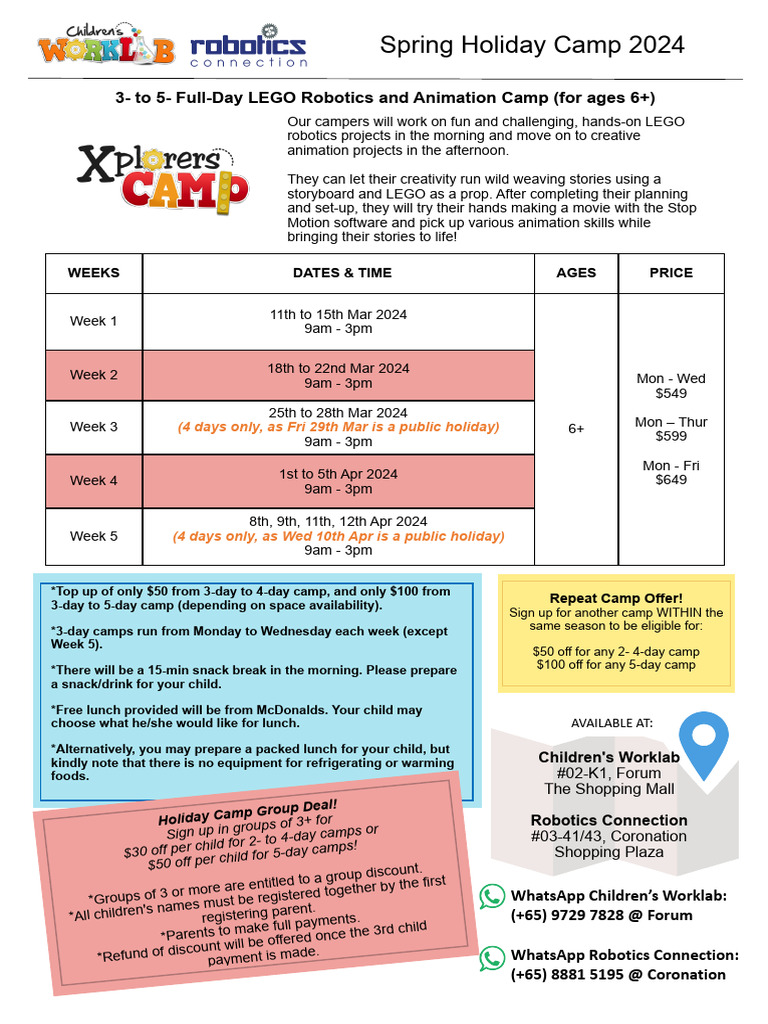 Children's Worklab and Robotics Connection Spring Camp 2024 Xplorers Camp | PDF