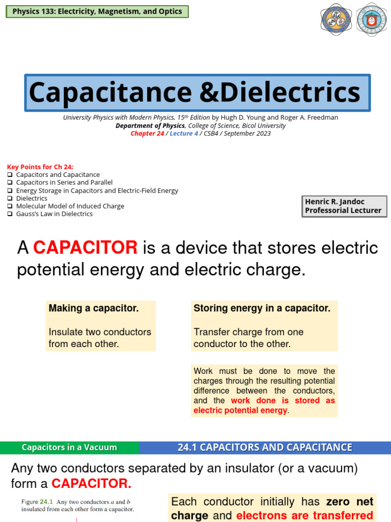 Physics 133 - CH 24 - Capacitance and Dielectrics - by HRJ | PDF | Capacitor | Capacitance