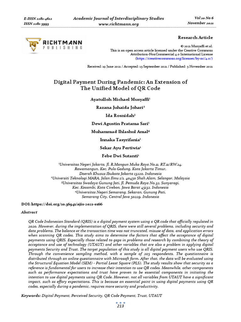 Bahasa Ing Digital Payment During Pandemic An Exten | PDF | Structural Equation Modeling | P Value