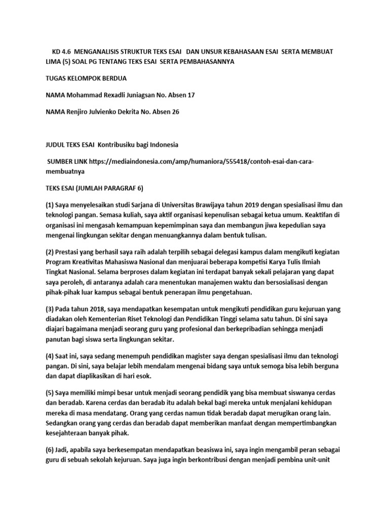 KD 4.6 Menganalisis Struktur Teks Esai Dan Unsur Kebahasaan Esai Serta ...