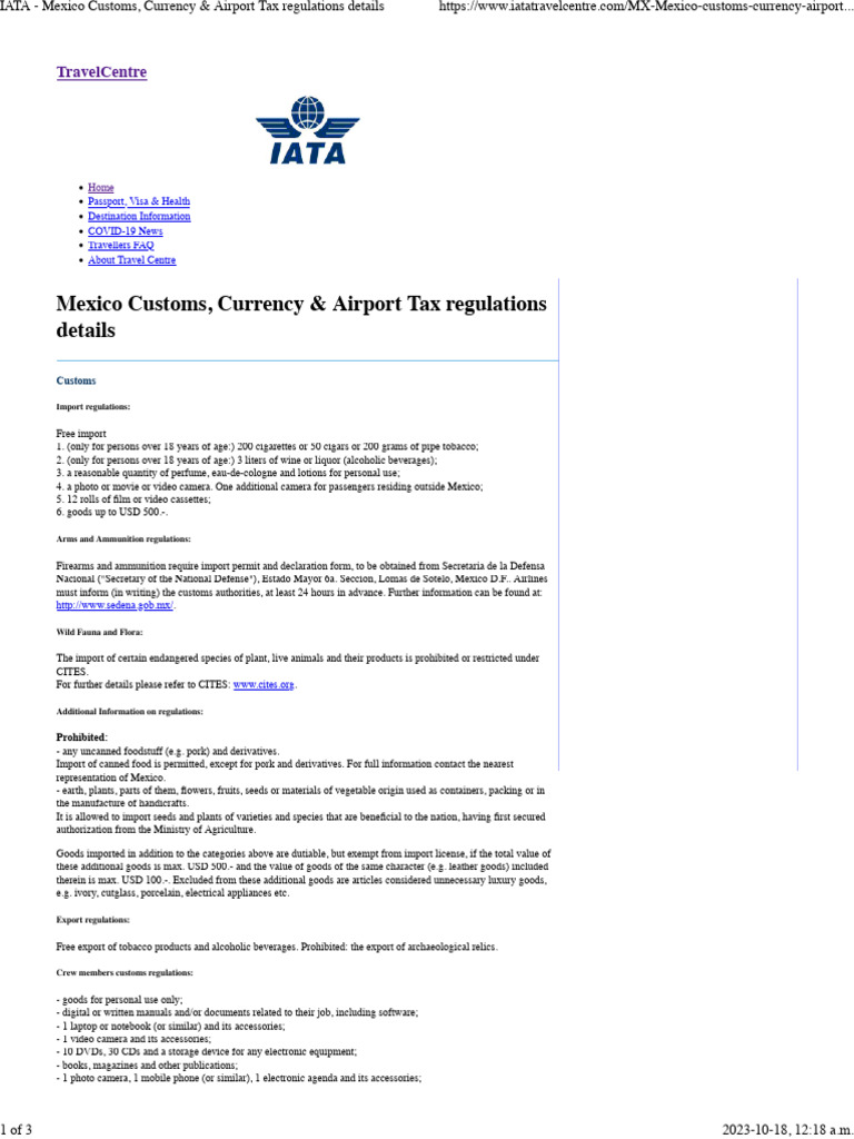 IATA - Mexico Customs, Currency & Airport Tax Regulations Details | PDF ...