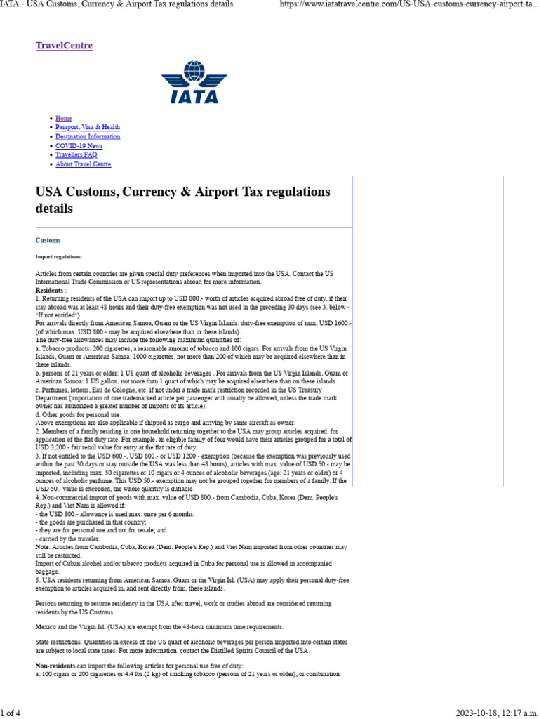 IATA - USA Customs, Currency & Airport Tax Regulations Details ...
