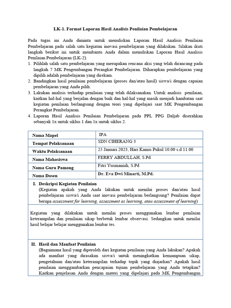 Contoh - LK - 1 - PPL2. - Format - Hasil - Asesmen - Pembelajaran - Ferry Abdullah | PDF