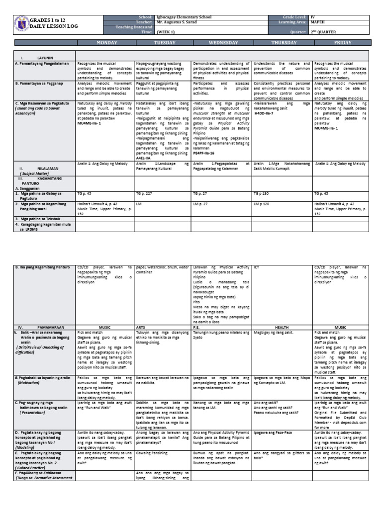 DLL - Mapeh 4 - Q2 - W1 | PDF