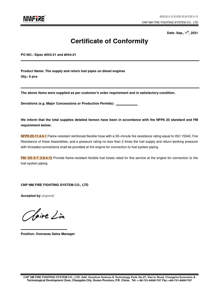 CNP Certificate for Fuel Pipes Compliance | PDF