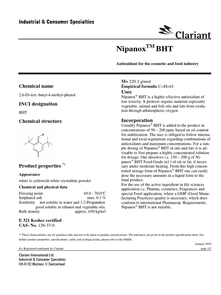 Nipanox BHT - Version 2010 | PDF | Chemical Substances | Chemistry