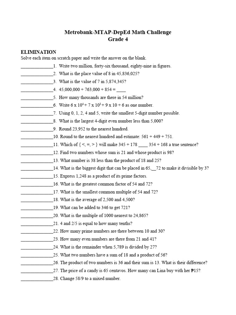 Grade 4 - MTAP Elimination Round - 2005 | PDF | Numbers | Prime Number