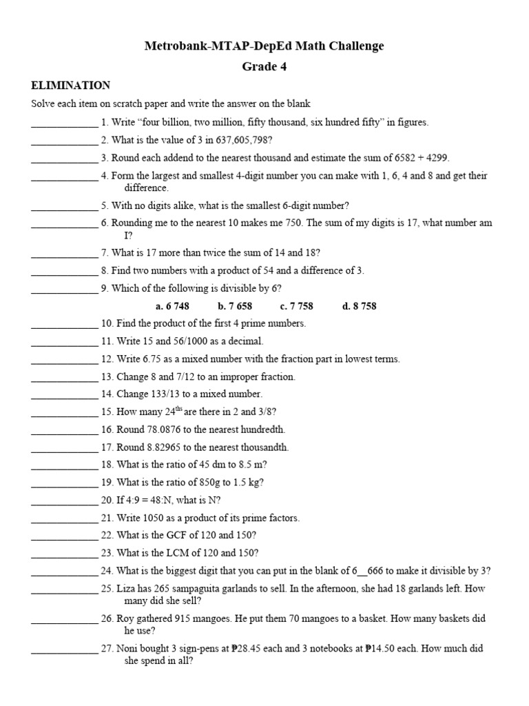 Grade 4 - MTAP Elimination Round - 2007 | PDF | Numbers | Mathematics