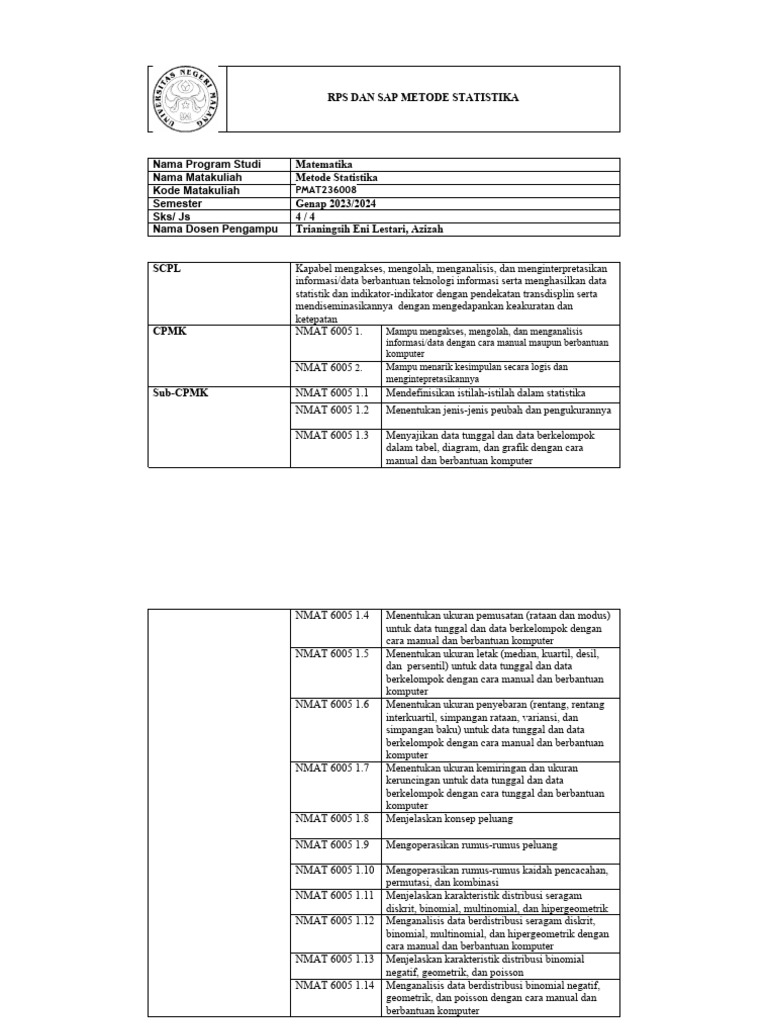 RPS Metode Statistika Matematika | PDF