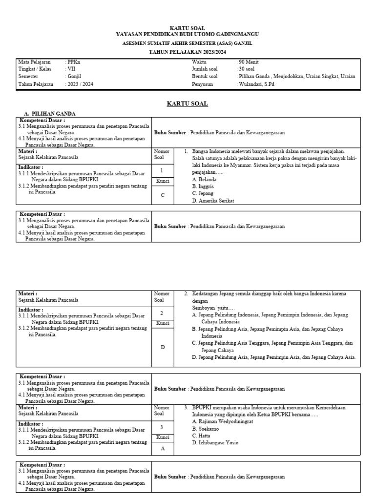 Kartu Soal PPKN Kelas 7 | PDF