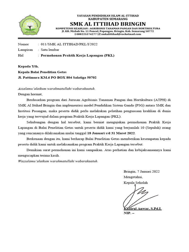 1 Surat PKL Balit Getas 2022 | PDF