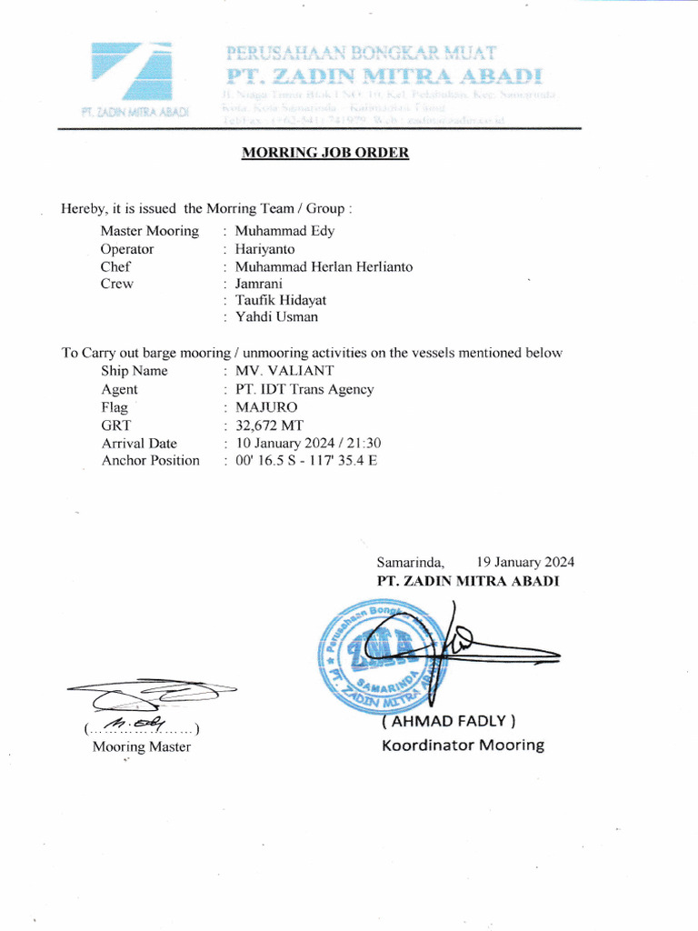 Mooring Job Order MV Valiant | PDF