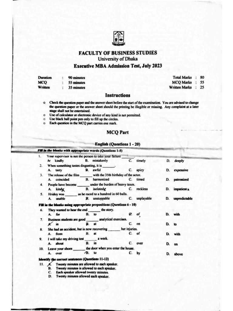 DU FBS EMBA Admission Test Questions and Suggestions - Combined | PDF ...