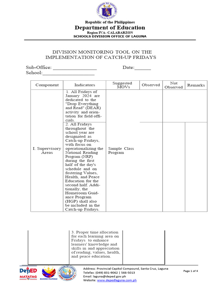 Sdo Laguna Catch Up Fridays Monitoring Tool | PDF | Behavior Modification | Cognition