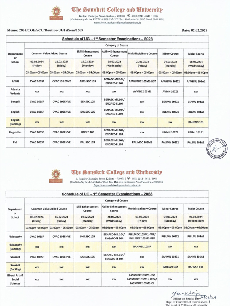Schedule of UG 1st Semester Examinations, 2023 | PDF