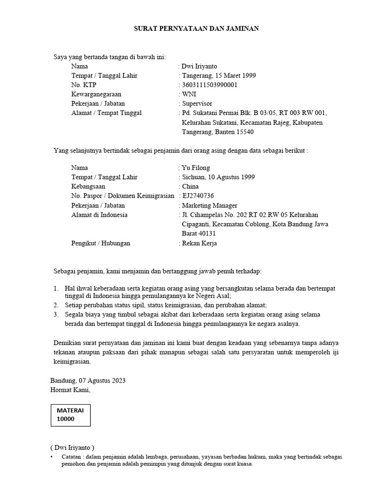 Surat Pernyataan Dan Penjamin Itas | PDF