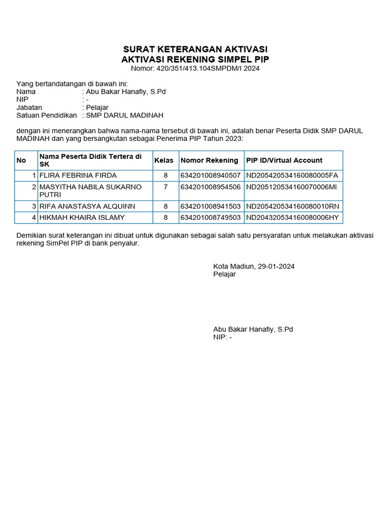 Surat Keterangan Aktivasi PIP Nominasi Tahun 2023, SMP DARUL MADINAH - 420 - 351 - 413.104SMPDM ...