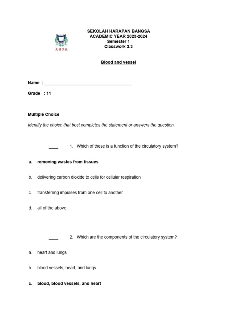 Classwork 3.3 Blood and Vessel | PDF | Heart | Artery