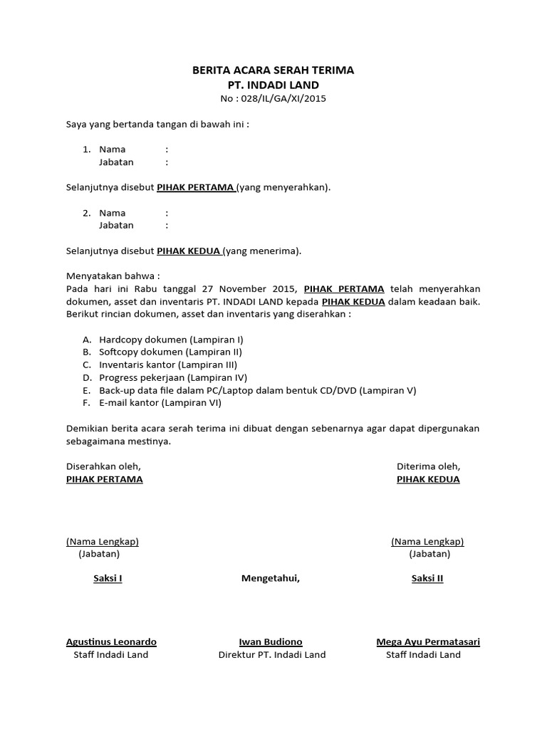 (Draft) Berita Acara Serah Terima Pekerjaan | PDF