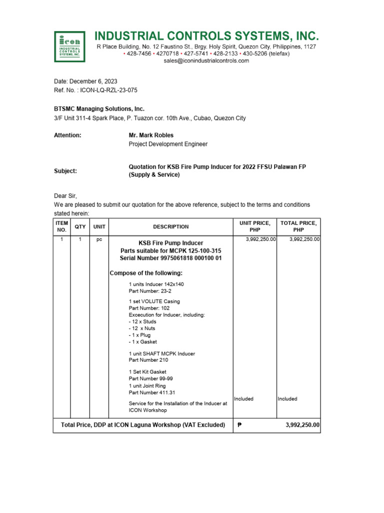 Quotation KSB Pump Inducer - Icon Iq-Rzl-L-23-075 | PDF | Business