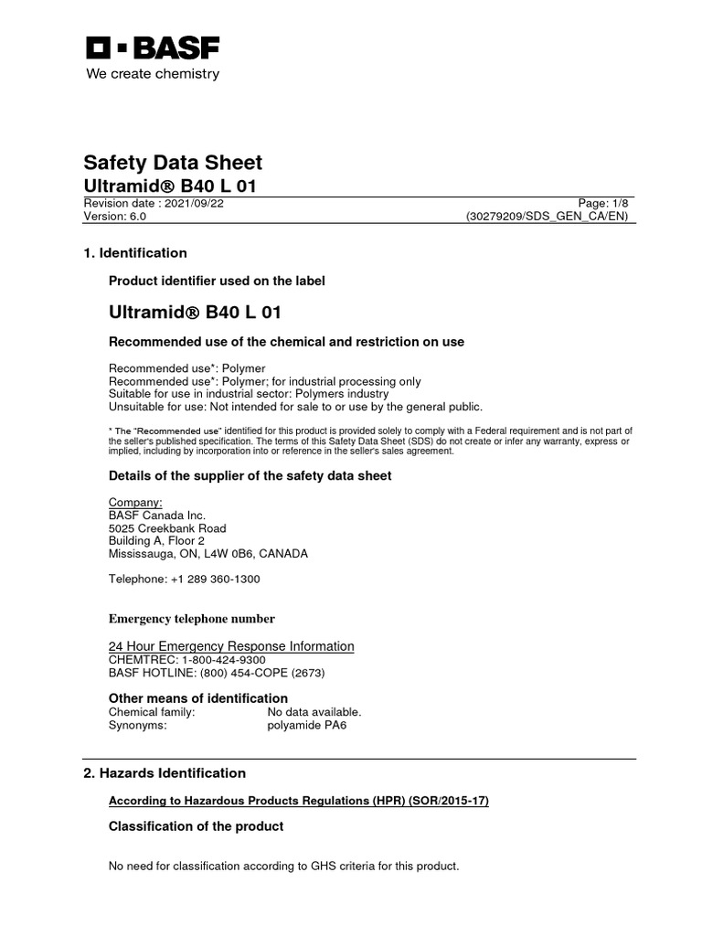MSDS Ultramid b40L | PDF | Toxicity | Personal Protective Equipment