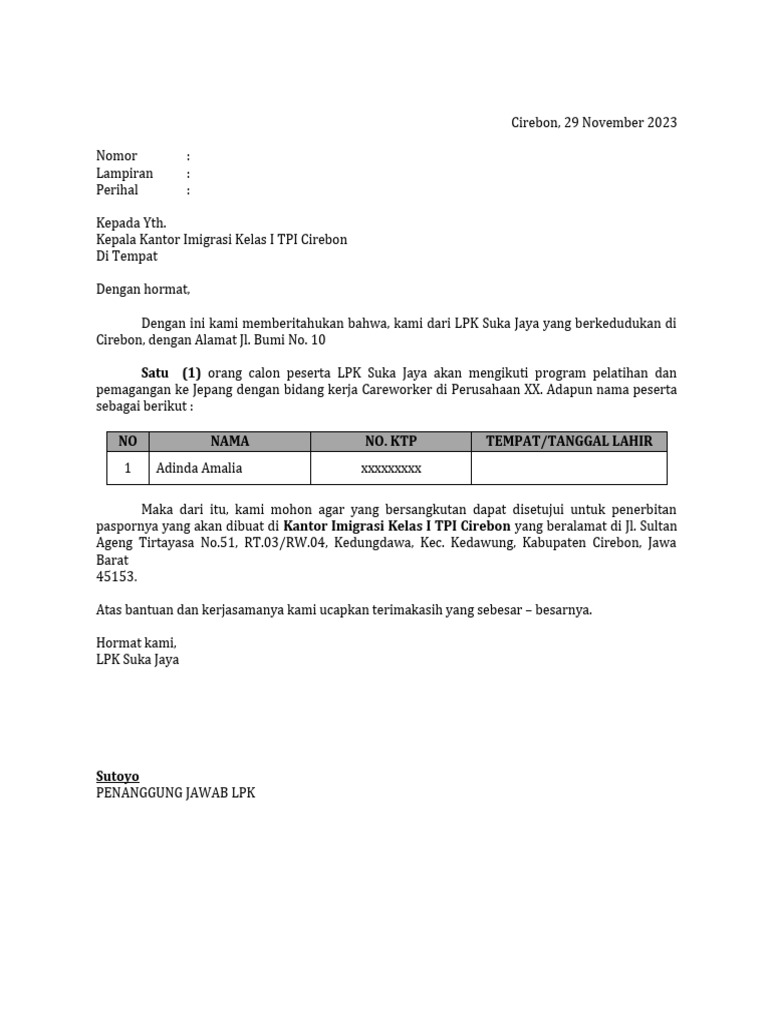 Contoh Surat Pengantar Pembuatan Paspor | PDF