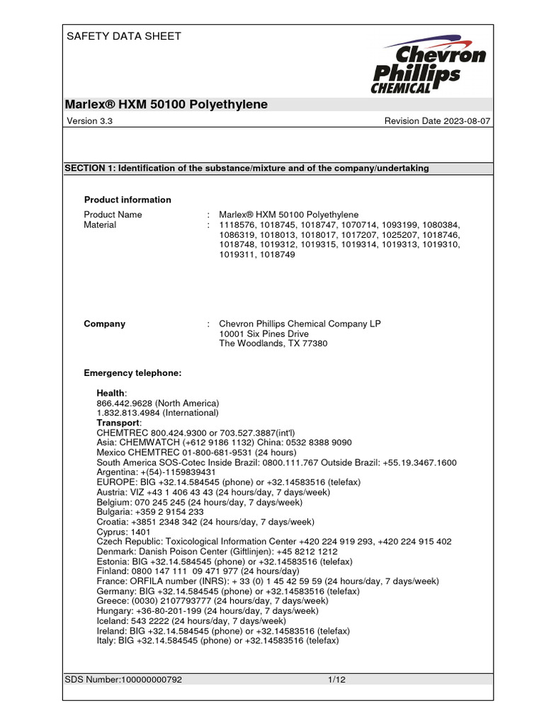 MSDS Marlex HXM 50100 | Download Free PDF | Dangerous Goods | Combustion