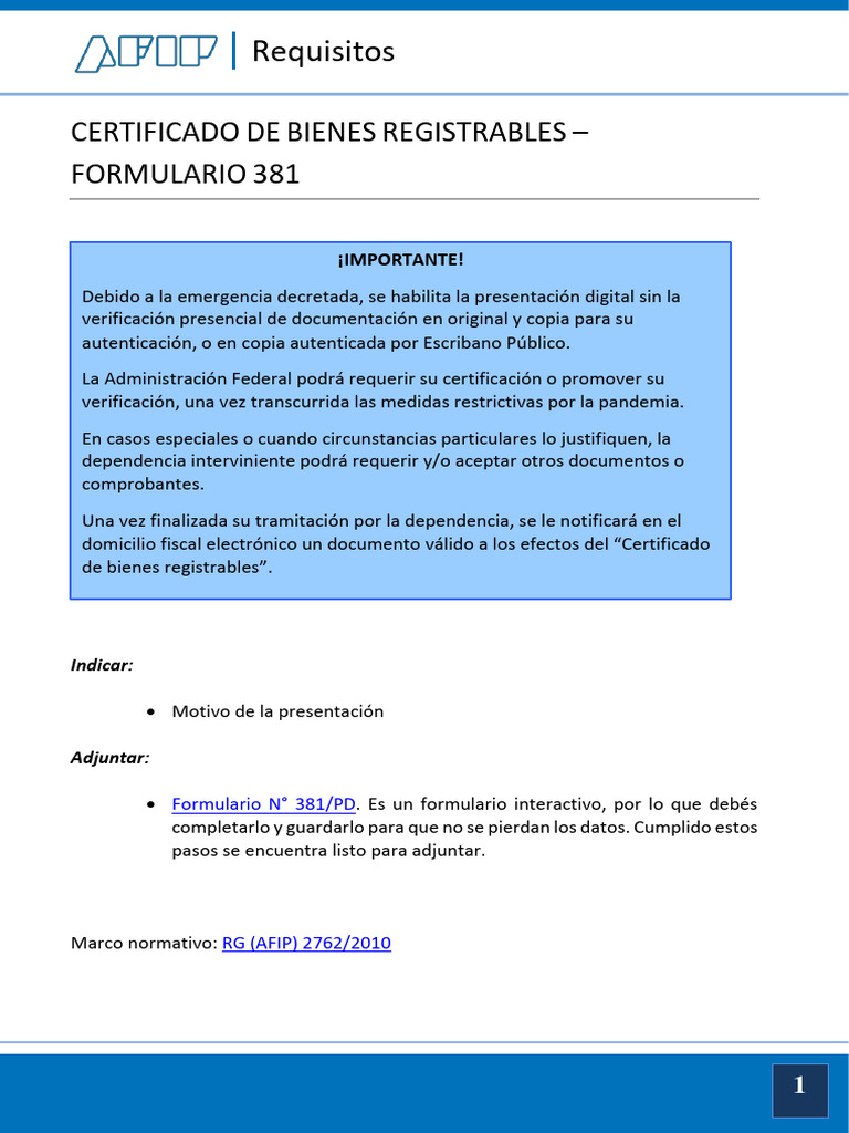 Certificado de Bienes Registrables Formulario 381 | PDF
