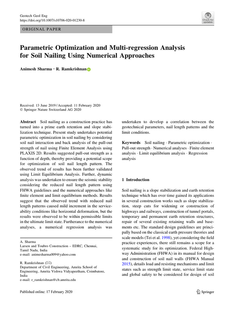 Parametric Optimization and Multi-Regression Analysis For Soil Nailing Using Numerical ...
