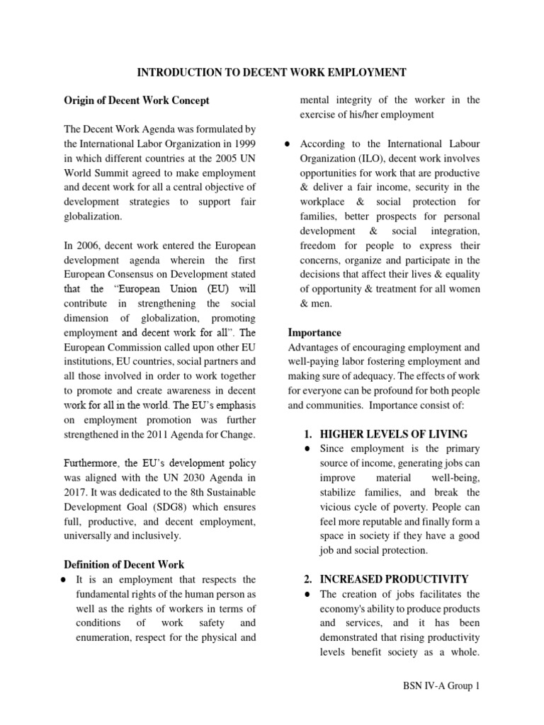 Introduction To Decent Work Employment Handout | PDF | Employment | International Labour ...