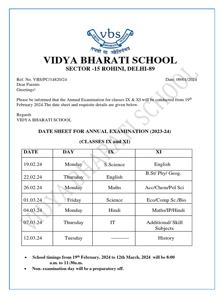 Annual Exam Date Sheet Ix & Xi | PDF