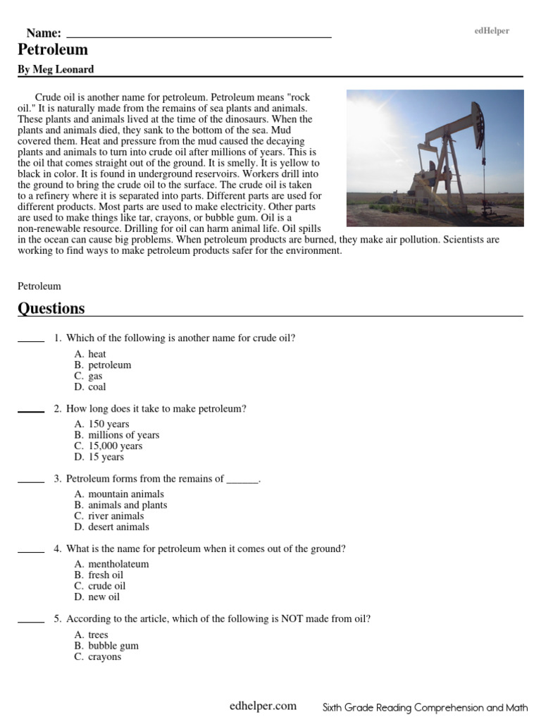 6th Grade Reading Comprehension Worksheets | PDF | Petroleum | Fossil Fuels