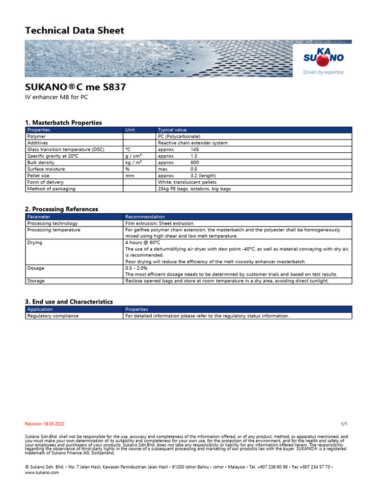 TDS - SUKANO C Me S837 - en | PDF | Extrusion | Density