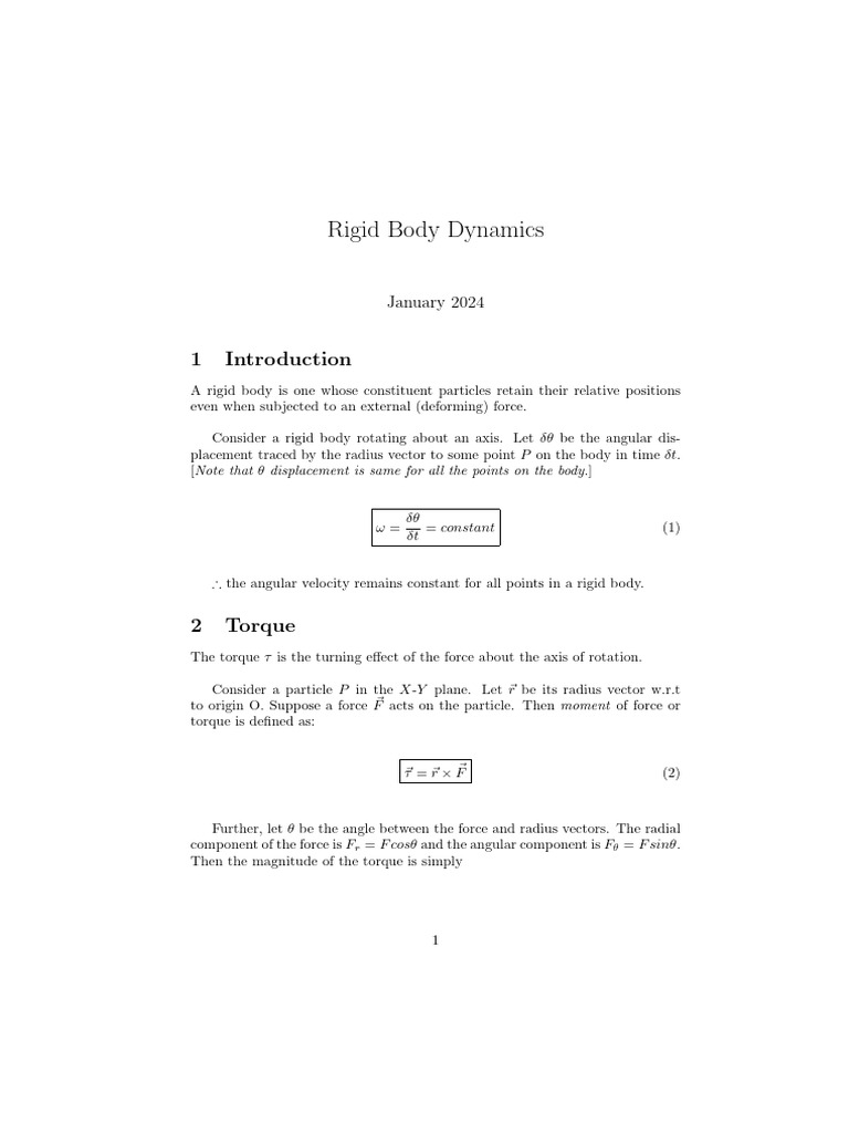Rigid Body Dynamics: January 2024 | PDF | Rotation Around A Fixed Axis | Torque