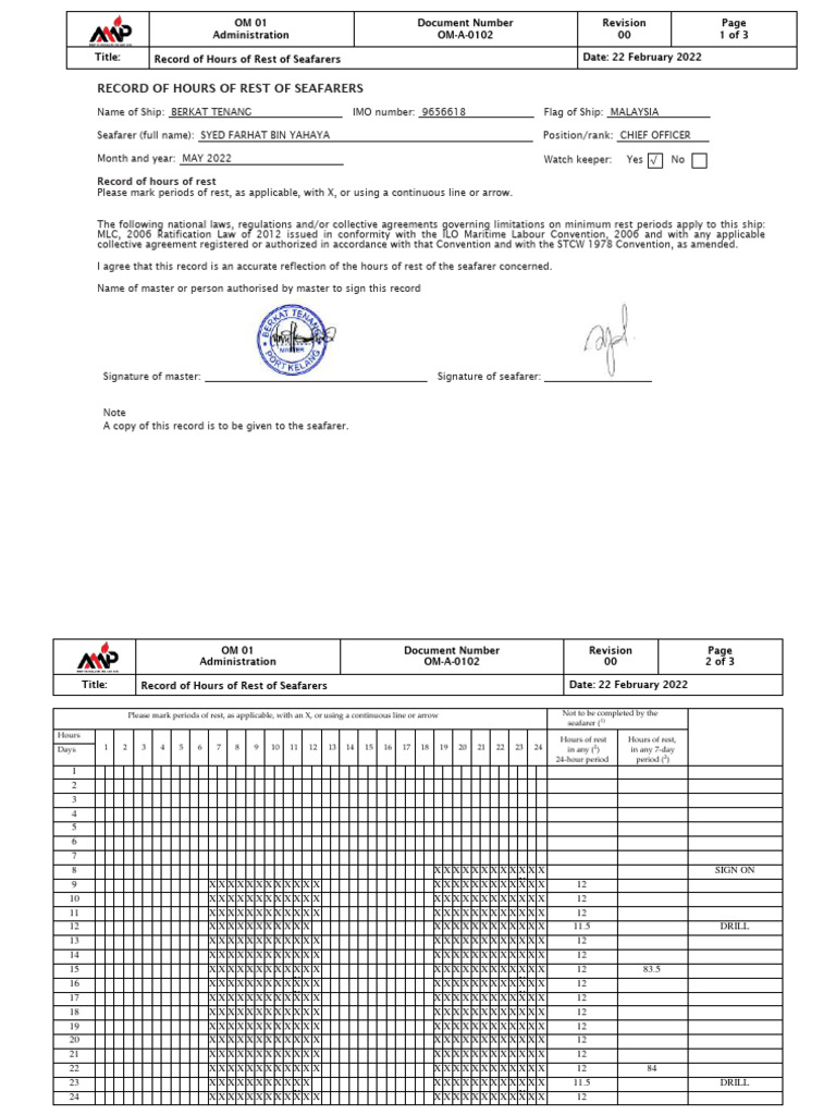 OM 0102 Record of Hours of Rest of Seafarers - CO SYED FARHAT | PDF