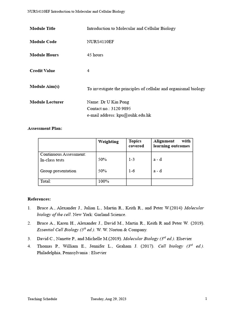 SOW NURS4110EF Introduction To Molecular and Cellular Biology U09A U09B | PDF | Biochemistry ...