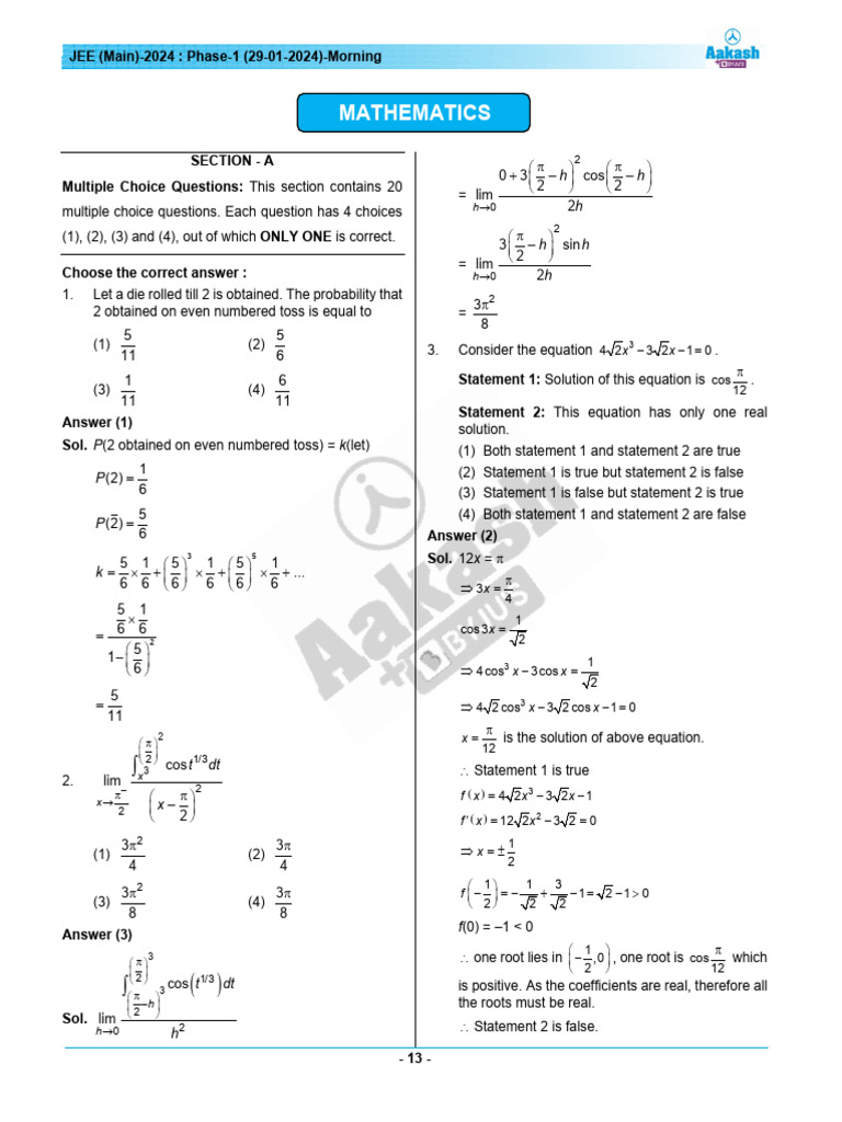 Maths Ans and Sol JEE Main 2024 Phase 1-29-01 2024 Morning | PDF ...