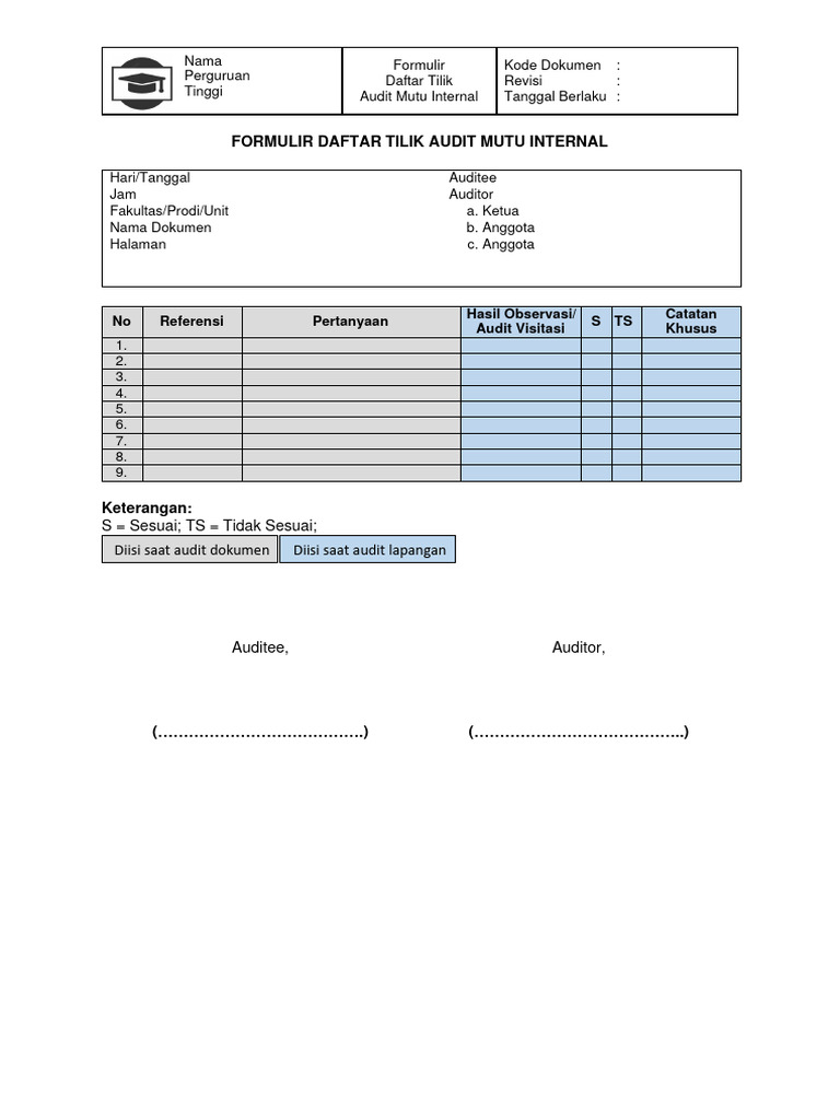 Formulir Audit Mutu Internal Perguruan Tinggi | PDF