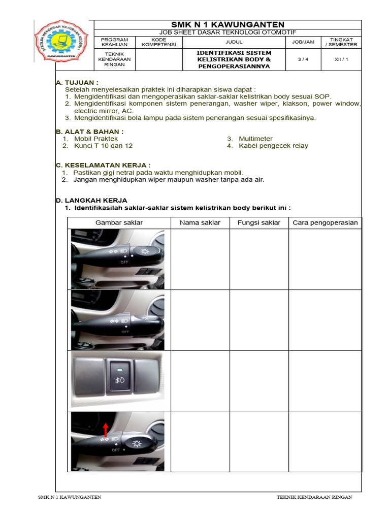 Job Sheet Identifikasi Sistem Kelistrikan Body & Pengoperasiannya | PDF