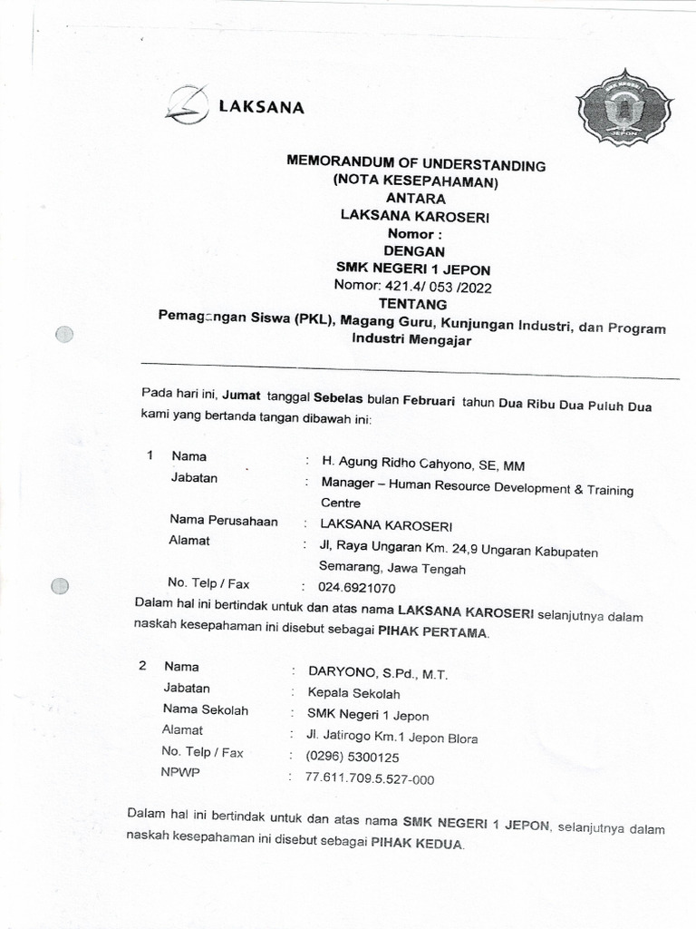 Mou Pt. Laksana Karo Seri | PDF