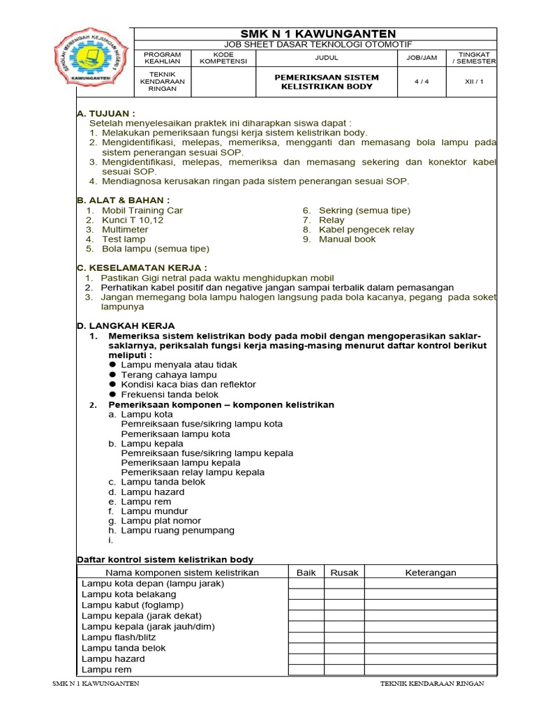 Job Sheet Perbaikan Ringan Sistem Kelistrikan | PDF