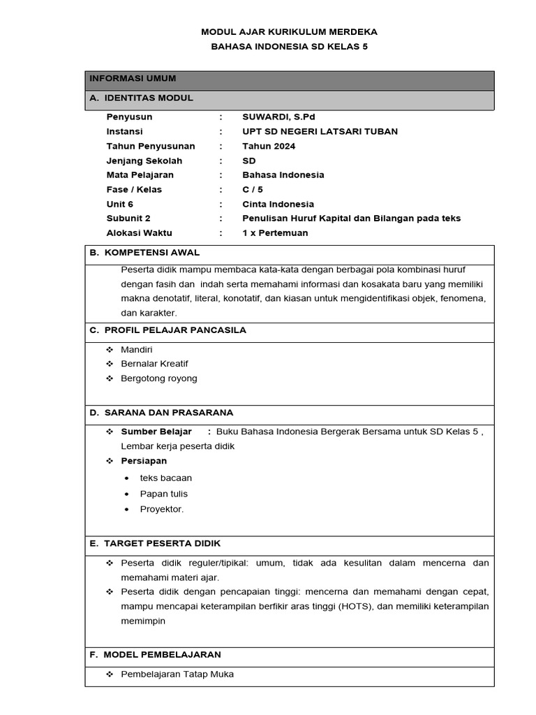 Modul Ajar Kelas 5 Bahasa Indonesia Pdf