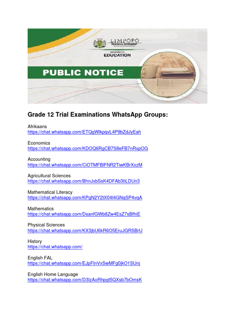 Grade 12 Trial Exam WhatsApp Links | PDF