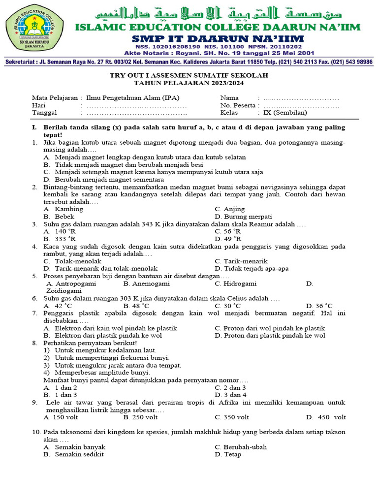 SOAL TRY OUT IPA KELAS 9 TAHUN 2023-2024 | PDF