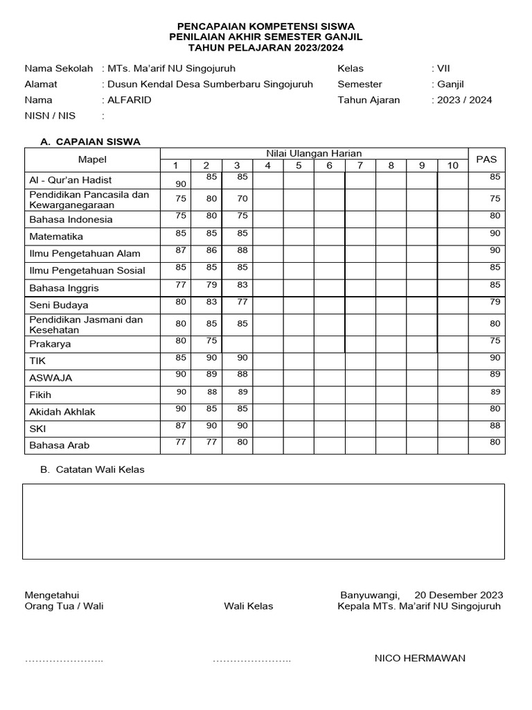 Rapor PTS Ganjil Kelas Vii 2023 | PDF