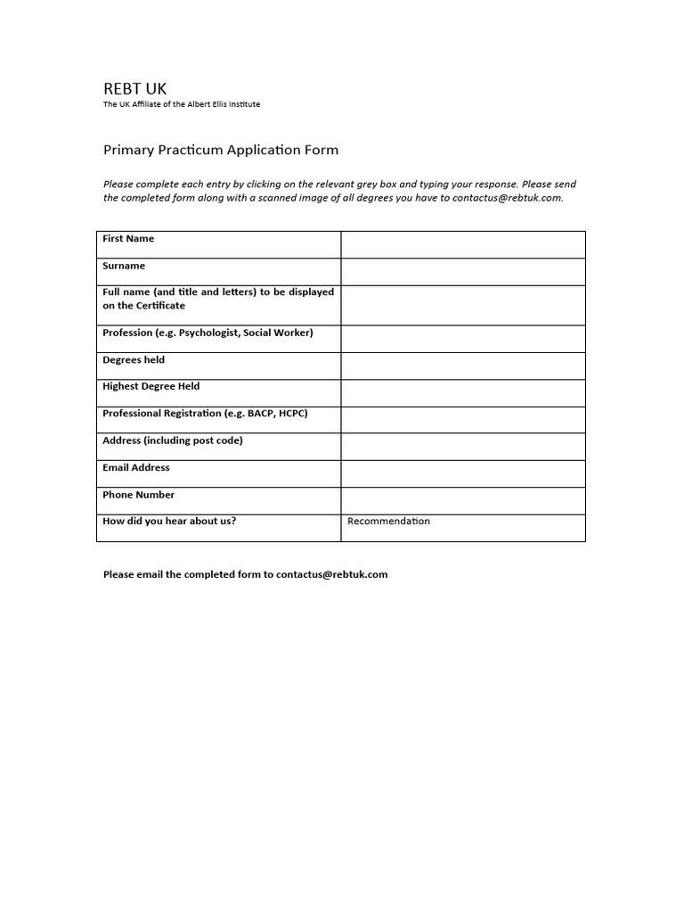 REBT UK Primary Practicum Application Fo | PDF | Career & Growth