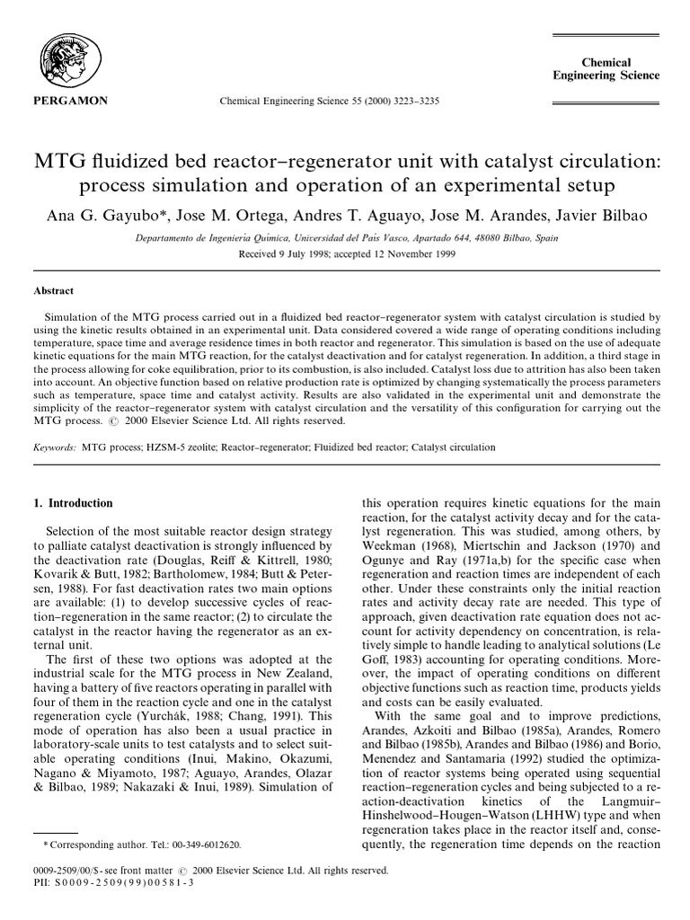 MTG fluidized bed reactor-regenerator unit with catalyst circulation ... MTG fluidized bed reactor-regenerator unit with catalyst circulation ...