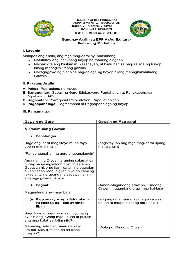 Banghay Aralin Sa EPP V | PDF